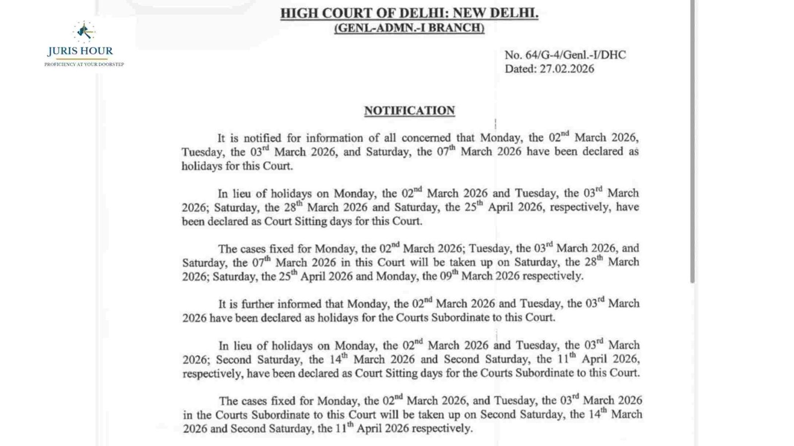 Delhi High Court Declares March 2, 3 and 7 as Holidays During Holi ...